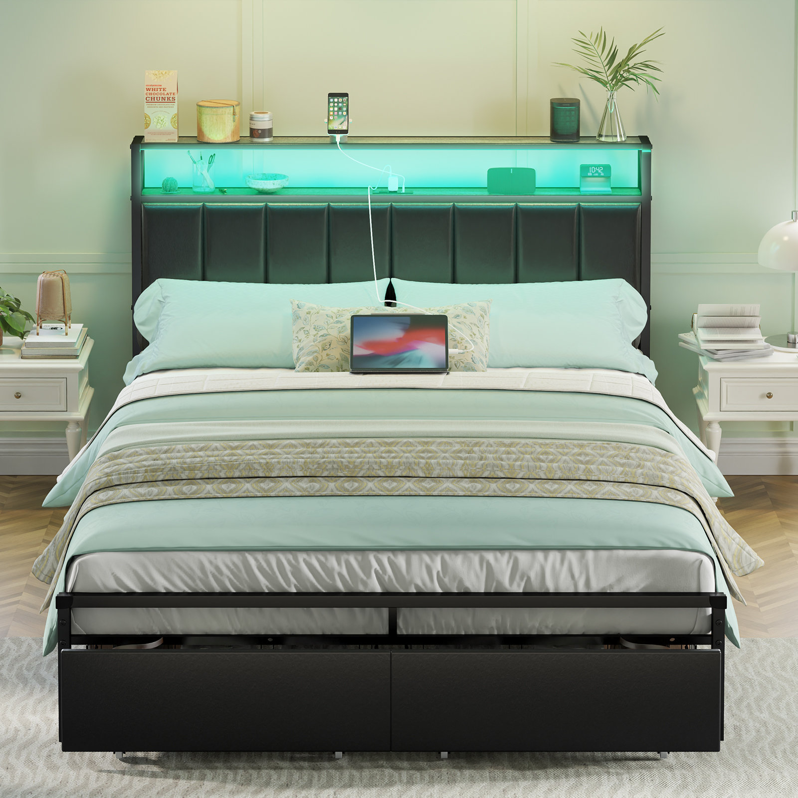 Aydin LED Bed Frame with Drawers and Charging Station Trent Austin Design Color Black Size Queen